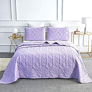 Sophia and William 3 Pieces Quilt Set Queen/Full Size with 1 Quilt and 2 Pillow Shams, Reversible Microfiber Bedding Bedspread Coverlet Set, Cozy, Lightweight and Hypoallergenic, Purple