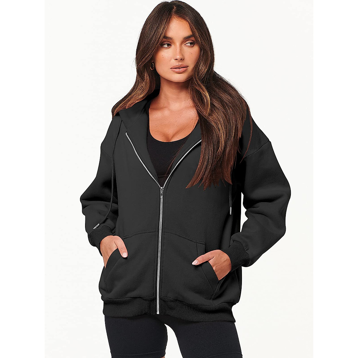 ANRABESS Womens Zip Up Hoodies Long Sleeve Oversized Sweatshirts Fleece Y2K Jacket Pockets 2025 Fall Outfits Fashion Clothes Black X-Large