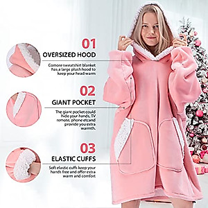 Comore Blanket Hoodie-Oversized Wearable Blanket Sweatshirt Cozy Warm Soft Sherpa with Giant Patch Pockets for Women Kids Men Adults Pink