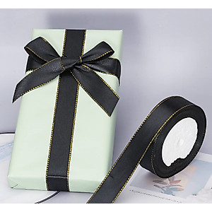 YASEO 25 Yards 1 Inch Black Satin Ribbon with Gold Edges, Gold Border Fabric Ribbons for Gift Wrapping and Crafts
