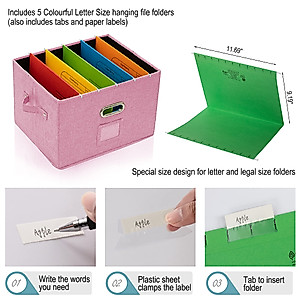JSungo File Box with 5 Hanging Filing Folders, Document Organizer Storage for Office, Collapsible Linen Storage Box with Lids, Home Portable Storage with Handle, Letter Size Legal Folder, Pink