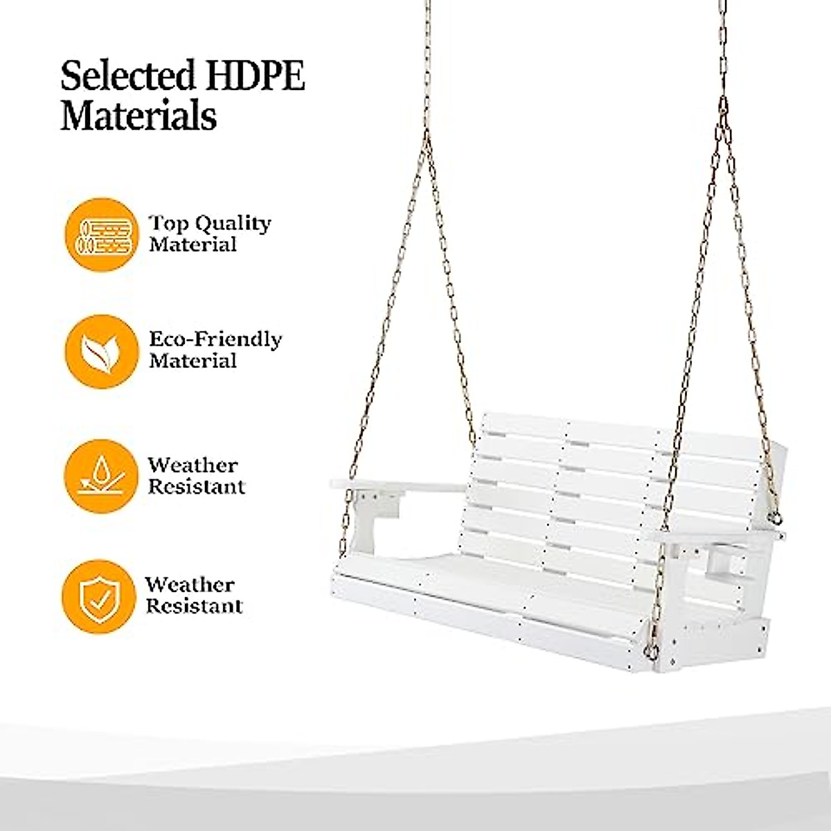 VINGLI Heavy Duty 1600 LBS HDPE Porch Swing Outdoor with Rotatable Cup Holder, 4 FT Patio Bench Swing with Adjustable Chains, 2 Person Hanging Porch Swing Chair for Porch, Yard, Tree, Garden - White