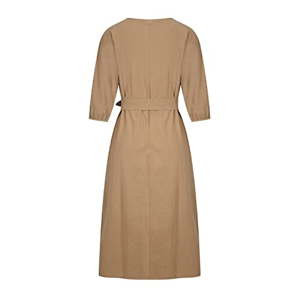 Loose Midi Belted Dress for Women Puff Half Sleeve Casual Dresses, Womens Solid Crewneck Summer Dress Cotton Linen Dress Khaki