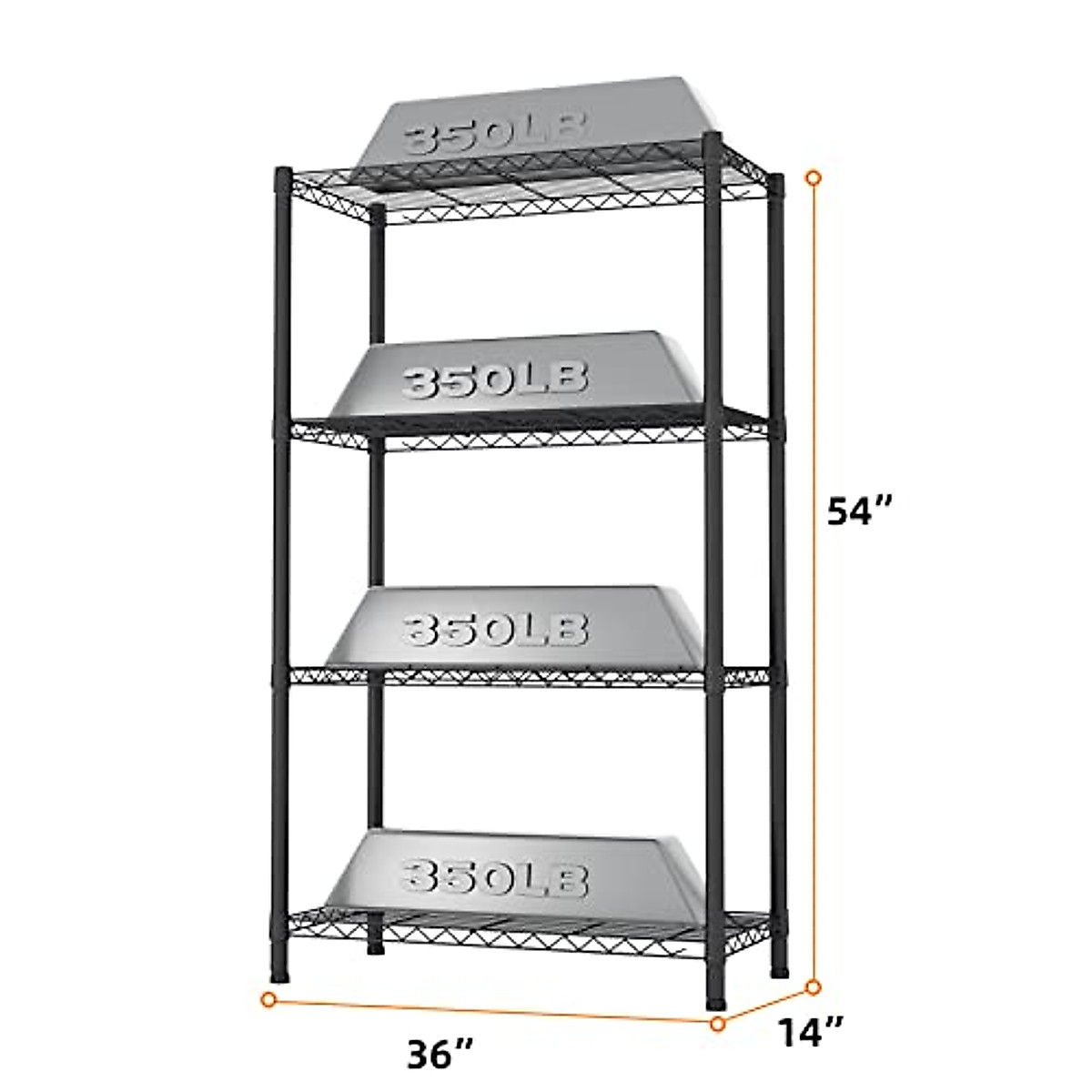 SINGAYE 4-Shelf Adjustable, Heavy Duty Storage Shelving Unit (350 lbs Loading Capacity per Shelf), Steel Organizer Wire Rack, Black (36" L x 14" W x 54" H)
