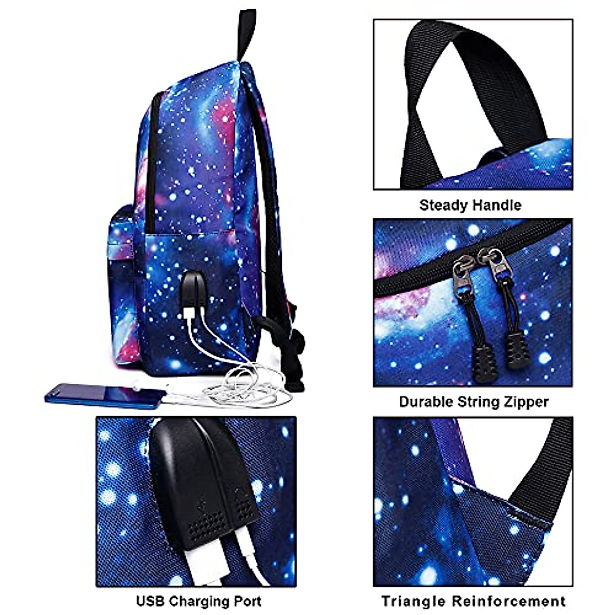 Peicees Upgraded Galaxy School Backpack with USB Charging Port Waterproof Bookbag Daypack Rucksack