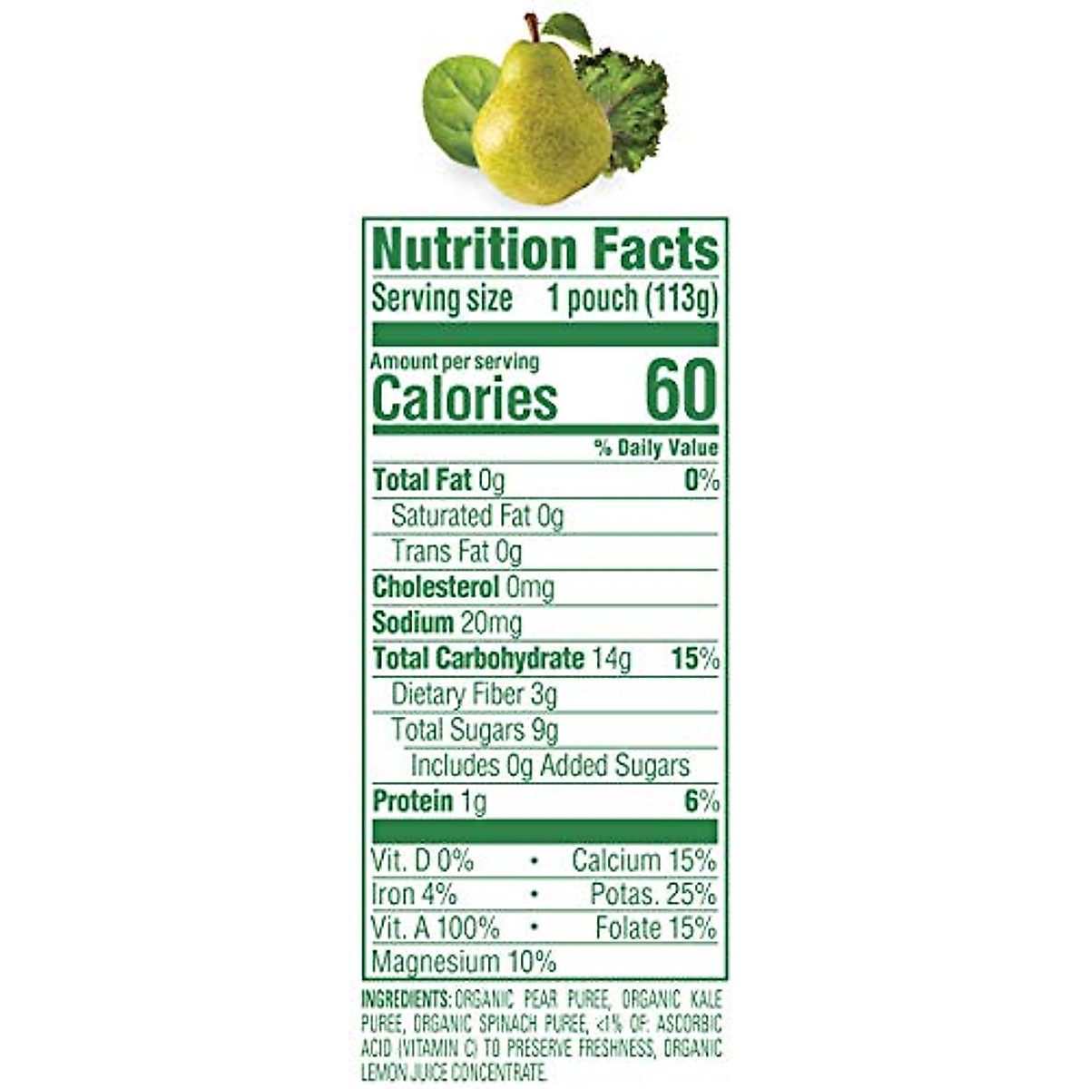 Happy Baby Organics Stage 2 Baby Food Pouches, Gluten Free, Vegan & Healthy Snack, Clearly Crafted Fruit & Veggie Puree, Pears Kale & Spinach, 4 Ounces (Pack of 8)