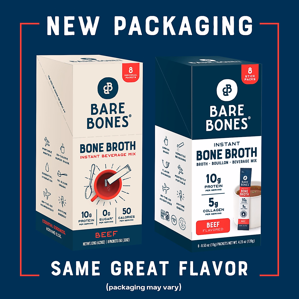 Bare Bones Beef Bone Broth Instant Powdered Mix | Rich Savory Packets on-the-Go No Artificial Flavors | 100% Grass Fed Keto & Paleo Friendly | 10g Protein | 8 Pack