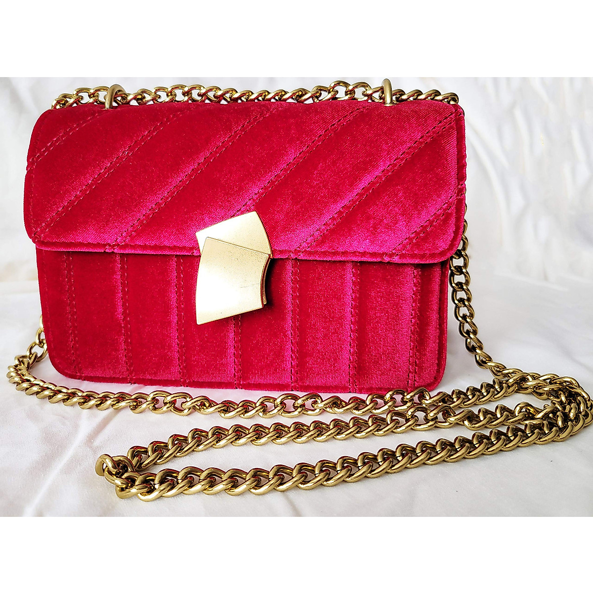 Kalyanam Luxury Handbags Velvet Crossbody Bag women Vintage bag Velour Special Lock Ladies Chain Messenger Bags, Small, Red