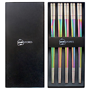 EMRSTORES Stainless Steel Chopsticks -Premium Metal Chopsticks with Titanium Plating - 5 Pairs Dishwasher Safe Chopsticks Reusable - Easy to Use - Square Lightweight Chop Sticks Gift Set