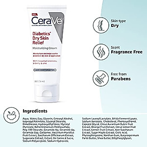 CeraVe Moisturizing Cream for Diabetics’ Dry Skin | Urea Cream with Bilberry for Face and Body | Fragrance Free & Paraben Free | 8 Ounce