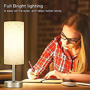 Touch Table Lamps for Bedroom Nightstand - Bedside Lamps with USB-C USB-A Charging Ports White, 3 Way Dimmable Control Small Lamp Fabric Shade Silver Base for Bedroom, Office, Living Room, Reading
