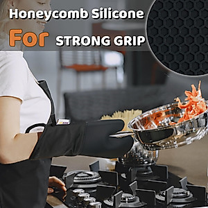 JEEKOIN Professional Oven Mitts Flexible and Durable, Honeycomb Silicone Oven Mitt Heat Resistant 581, Extra Long Cooking Protection BBQ Gloves, Non-Slip Pot Holders, BPA-Free, 14 Inch 1 Pair, Black