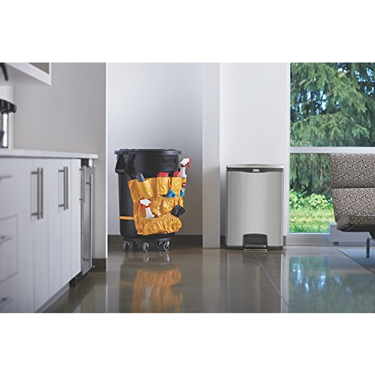 Rubbermaid Commercial Products Slim Jim Front Step-On Trash Can, Stainless Steel, 24 Gallon, Black, Indoor/Outdoor Waste Container for Office/Hospital/Mall/Kitchen