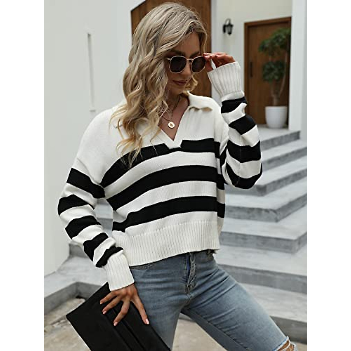 SHENHE Women's Casual Long Sleeve Knit Sweater V Neck Striped Pullover Jumper Tops White L