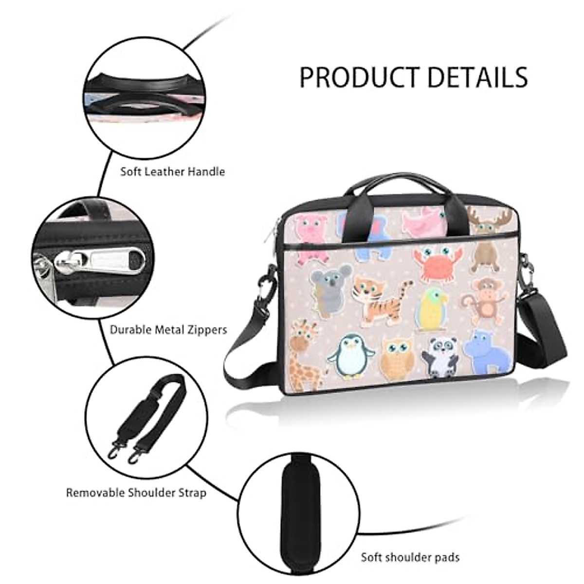 Cute Cartoon Animals Laptop Computer Bag Waterproof Shoulder Messenger Bag 13-15 inch Durable Laptop Tote Bag with Shoulder Strap Handle Lightweight Crossbody Briefcase
