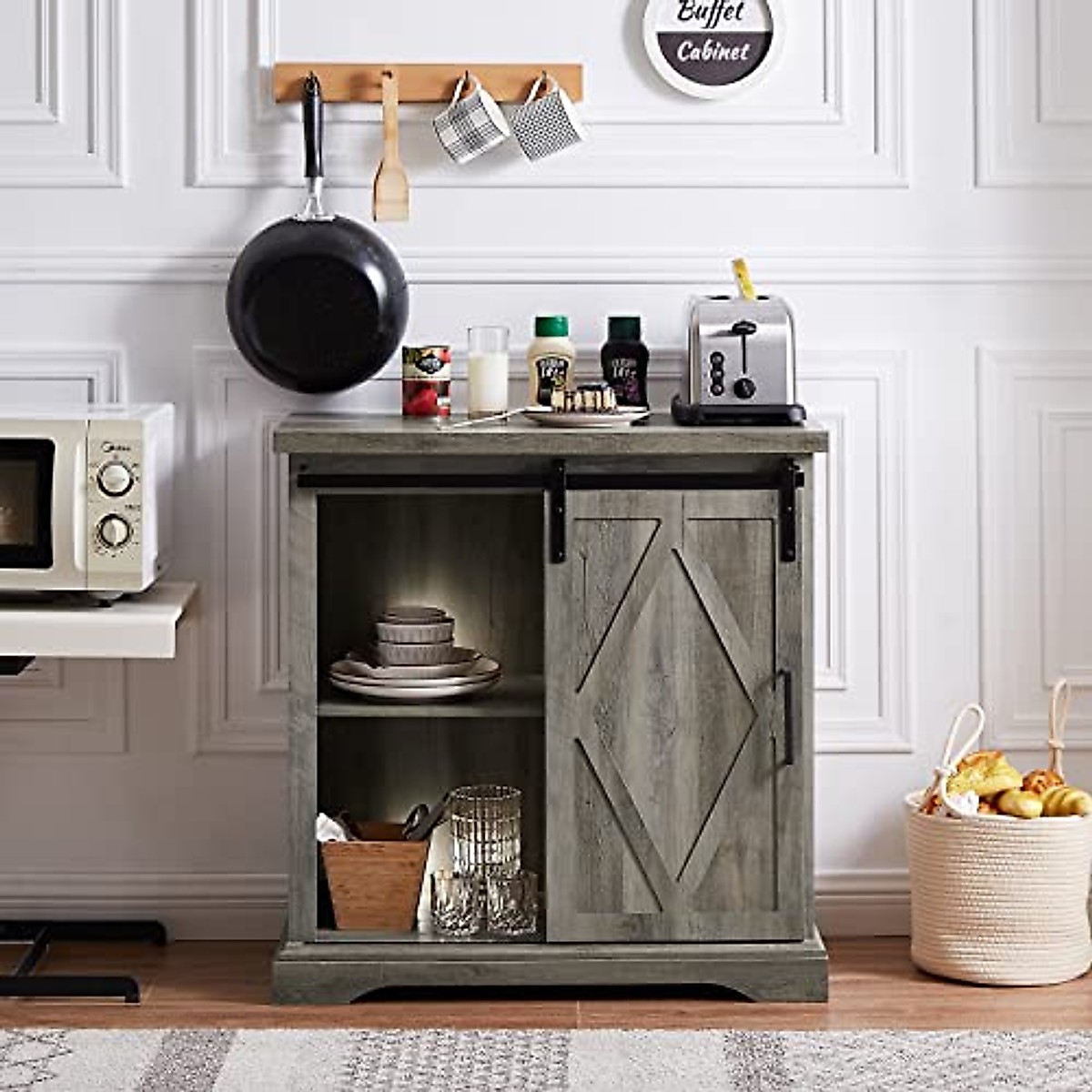 Okvnbjk Sideboard Buffet Cabinet,Coffee Bar Cabinet, 32in Cabinet with Sliding Barn Door, Small Farmhouse Buffet Table for Kitchen Living Room (Grey Wash)