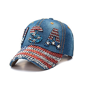 Gamusi Unisex USA American Flag Baseball Cap Denim Distressed Rhinestone Hat for Adults (USA Letters)
