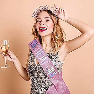 JunyRuny Birthday Girl Glitter Sash & Tiara Set, Pink Birthday Sash and Rhinestone Crown for Women, Sweet Princess Birthday Party Decorations Headband Birthday Gifts for Her, Happy Birthday Decor