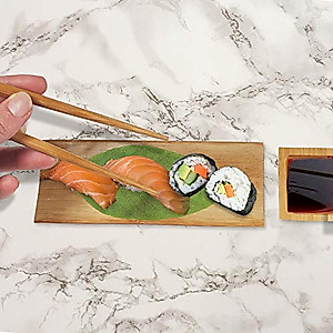 BambooMN 6 Piece, 2 Sets of 7" Reusable, Eco-Friendly, Carbonized Brown Bamboo Sushi Serving Plates/Trays: Chopsticks, and Soy Sauce Dishes Included!