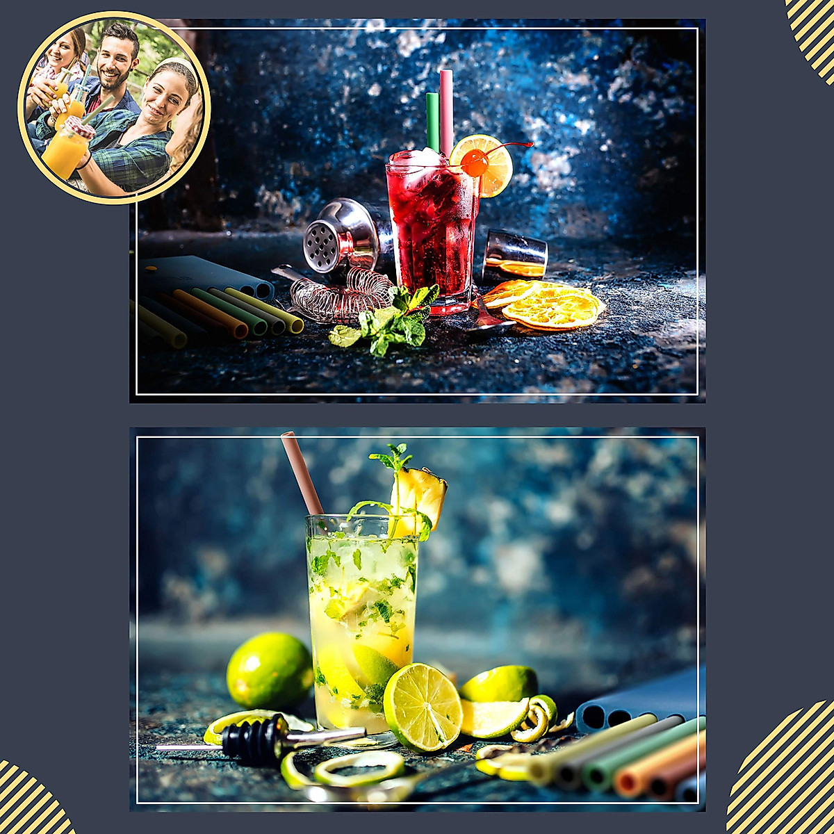 Skoo - Set of 10 Silicone Drinking Reusable Straws + Silicone Case Holder + Cleaning Brush - Jumbo Smoothies and Cocktails - Large and Thick Boba Straws Set Extra Wide - 10 inch Straight Long 0.4 Dia