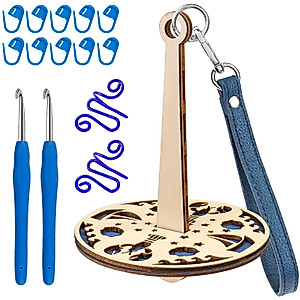 FWUNYVN Portable Wrist Yarn Holder Set,Yarn Holder Spinner with Crochet Hook,Finger hook,Marker hook,Crochet Yarn Holder with Leather Wristband,Yarn Ball Holder Wooden Yarn Holder for Craft Lover-Blue