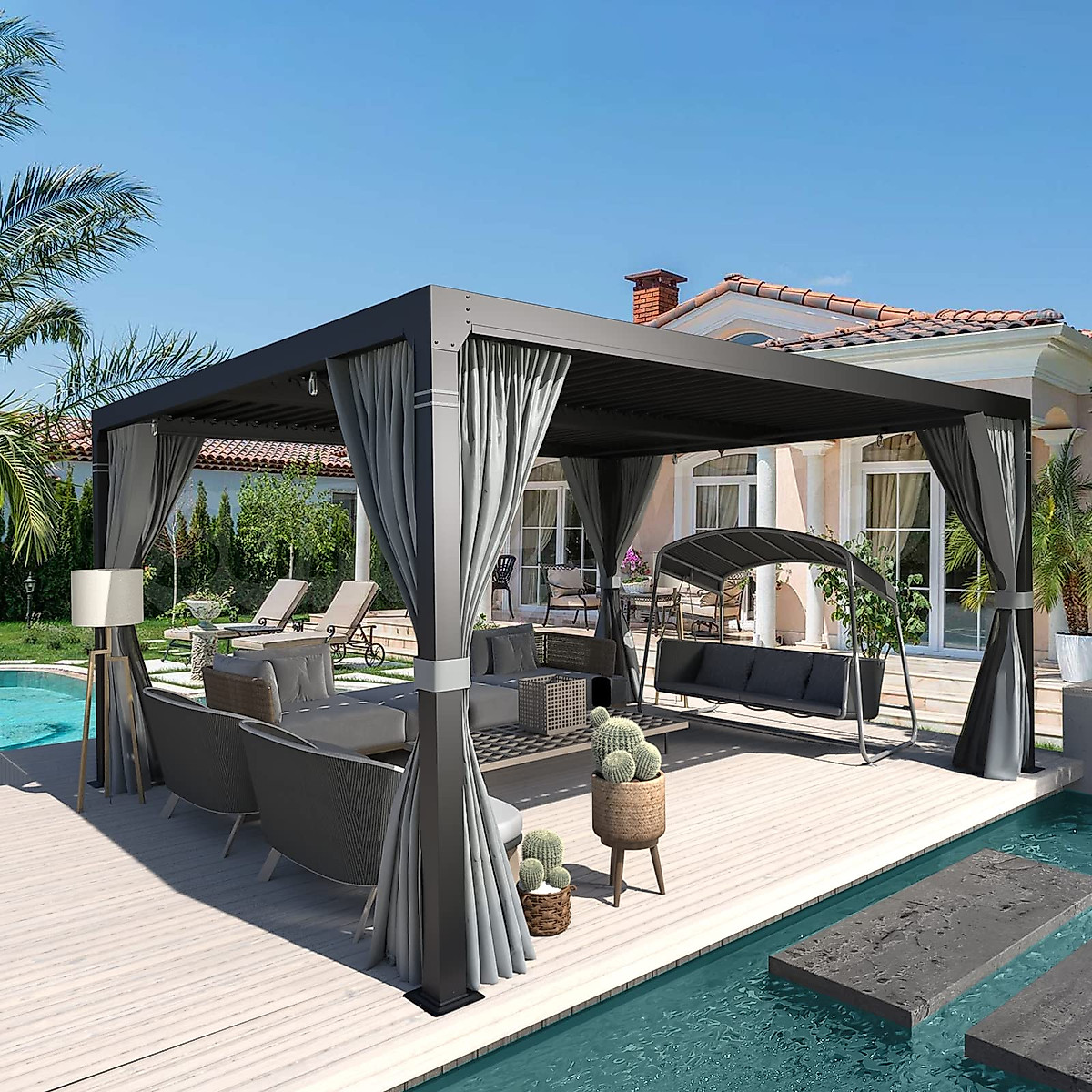 EROMMY 10X12 Pergola Louvered Outdoor Hard Top Pergola with Aluminum Frame and Adjustable Metal Rainproof Roof for Garden & Patio, Curtains and Netting Included, White…