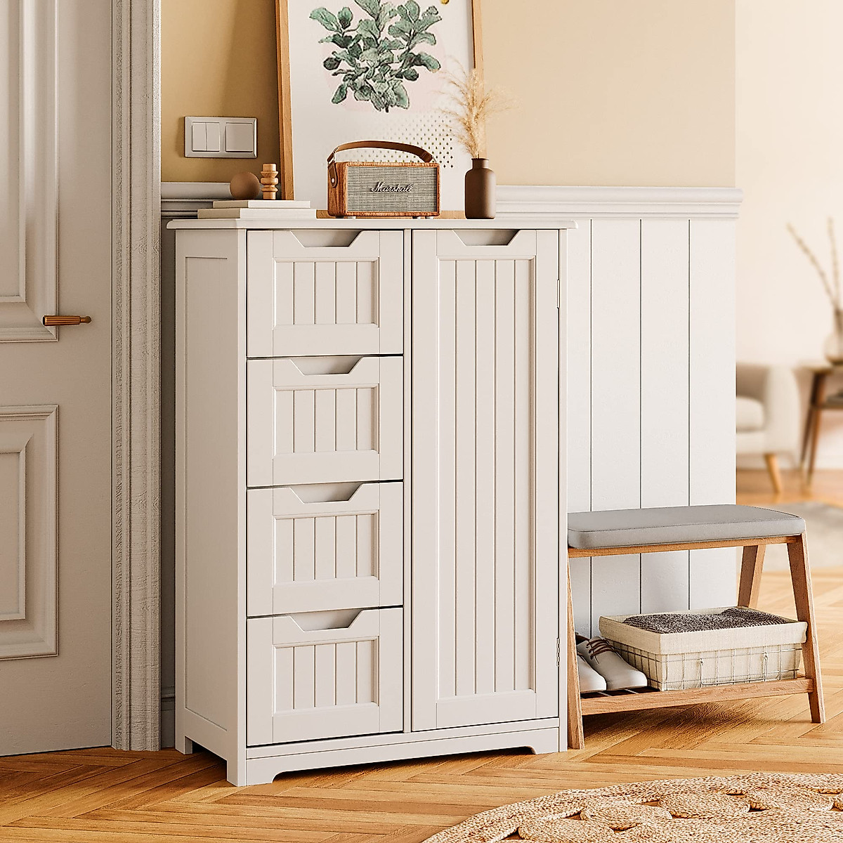 Gizoon 33" Small Kitchen Pantry Storage Cabinet with Door and Shelves, Pantry Cabinet Storage Cupboard, Freestanding Wooden Dresser with 4 Drawers for Bathroom and Dining Room, White