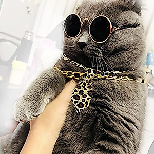 4Pcs Cat Glasses Cat Gold Chain Necktie and Straw Hat, Fashion Cool Pet Sunglasses Adjustable Pet Gold Chain Set Classic Funny Pet Accessories for Cats and Small Dogs