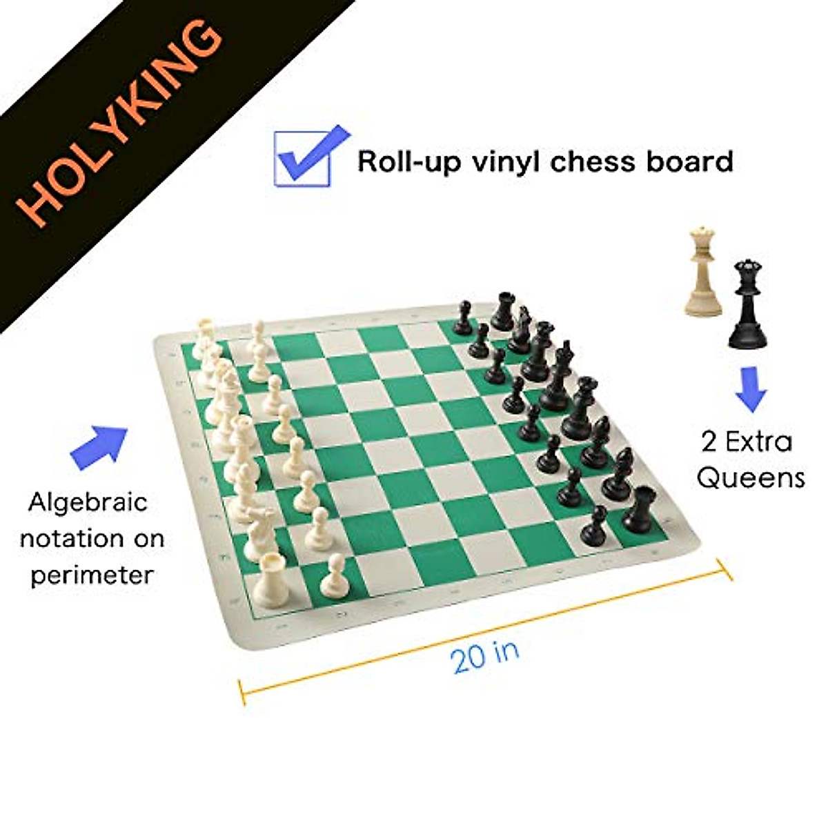 HOLYKING 20" Tournament Travel Chess Sets Roll Up, Beginner Portable Vinyl Chess Board Game Set in Carry Tube, Family Games for Kids Adults -Forest Green