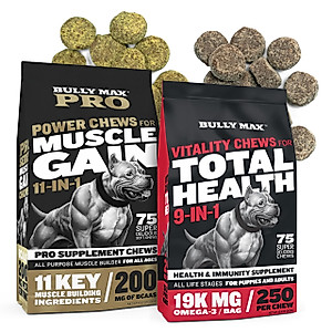 Bully Max 11-in-1 Muscle Gain Power Chews & 9-in-1 Total Health Chews - High Protein Muscle Builder & Multivitamin Soft Chews for Puppies & Adult Dogs - Support for Muscle, Immunity, Overall Health