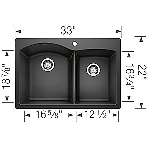 BLANCO 440215 Diamond Silgranit 60/40 Double Bowl Undermount or Drop Kitchen Sink, 33" L X 22" W, Anthracite