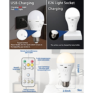 Bailoch 2 Pack Magic Rechargeable Light Bulbs with Remote, 3 Color Temperatures Dimmable Battery Operated Light Bulb, E26 Wireless Emergency Battery Powered light bulb, 2600mah,Timer, USB Rechargeable