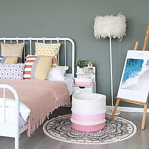 Sea Team Large Size Cotton Rope Basket with Decorative Macrame Patchwork, Cute Tassel Woven Storage Bin, Laundry Hamper, Clothes, Toys, Blankets Organizer for Baby Girls, 17 x 17 Inches, Pink