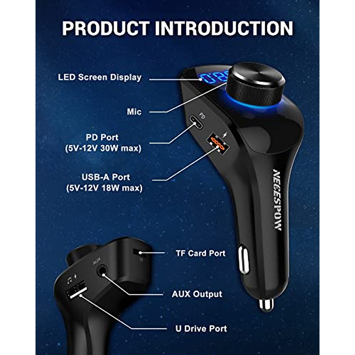 NECESPOW Bluetooth FM Transmitter for Car, Bluetooth 5.0 Car Adapter w/AUX Cable, MP3 Player Wireless Radio Receiver Car Kit Support 48W(USB-C PD+QC3.0)/AUX/TF Card/U-Disk