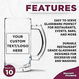 DISCOUNT PROMOS Custom Glass Beer Mug 16 oz. Set of 10, Personalized Bulk Pack - Great for Wedding Favors, Groomsmen Gifts, Birthday Gifts - Clear