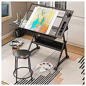 ROLTIN Drafting Tables Height Adjustable Drawing Art Table,Artists Desk Tilting Glass Tabletop Paintings Work Station with Storage Drawer,Writing Art Craft Work Station (
