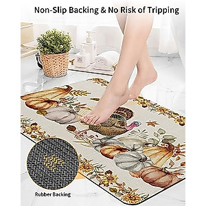 Bathroom Floor Shower Mat, Non-Slip Small Rugs - Easy to Clean, Harvest Turkey with Pumpkins and Sunflowers Maple Leaves Durable Bath Rug 16"x24" Washable Quick Dry Mats for Bathtubs