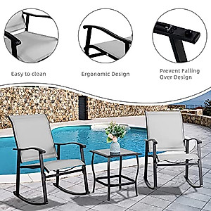 Vongrasig 3 Piece Outdoor Rocking Bistro Set, Textilene Fabric Small Patio Furniture Set, Front Porch Rocker Chairs Conversation Set with Glass Table for Lawn, Garden, Balcony, Poolside (Light Gray)