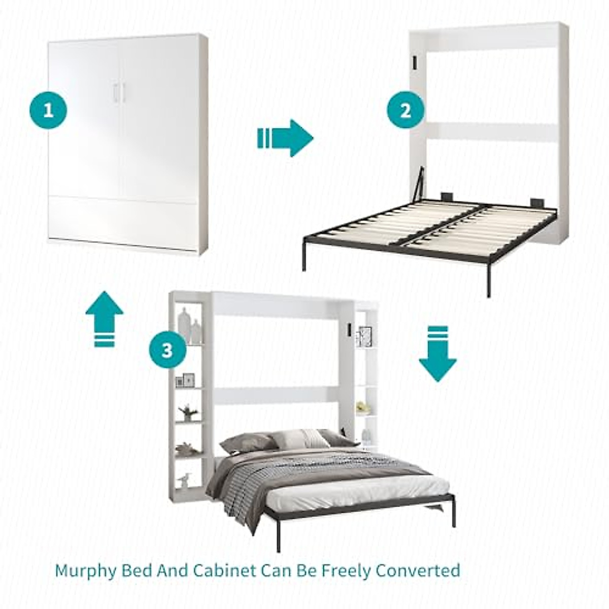 BALUS 97" W Murphy Bed with 2 Storage Cabinets, Queen Size Murphy Cube Cabinet Bed, Solid Wood Fold up Horizontal Murphy Wall Bed, Folding Bed Frame for Guest Room Bedroom Apartment - White