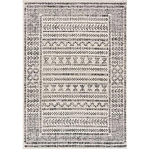 Hauteloom Greig Farmhouse Moroccan Geometric Area Rug - Boho Aztec Tribal Carpet for Living Room, Bedroom, Dining Room - Bordered - Off White, Black, Grey - 7'10" Round Rug