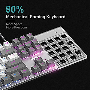 AULA F3287 Wired TKL Rainbow Mechanical Gaming Keyboard, 80% Compact Tenkeyless 87 Keys Layout w/Tactile Red Switches, White & Grey Mixed-Color Keycaps, Programmable Macro Keys