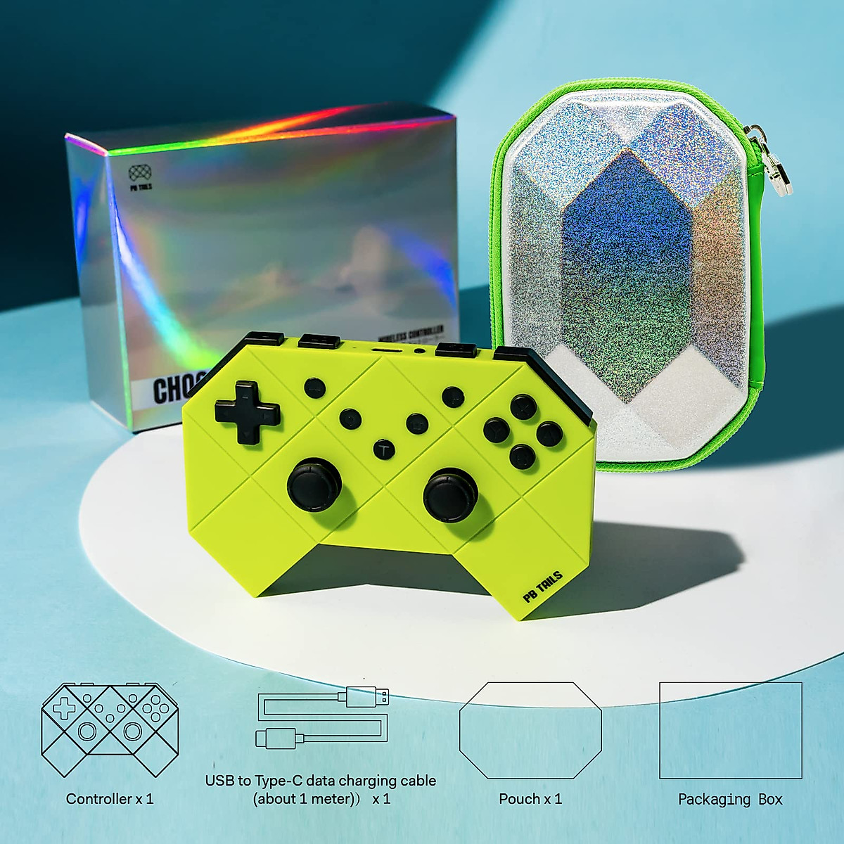 PB TAILS CHOC Unique Bluetooth Controller for Switch, PC, Steam, Android - Portable Switch Wireless Controller with Turbo-Mode, Motion Control, Vibration, Wake Up Function & Carry Case - Neon Green