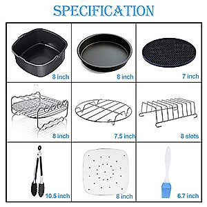 Square Air Fryer Accessories 11 pcs with Recipe Cookbook Compatible for Philips Air Fryer, COSORI and other Square AirFryers and Oven, Deluxe Deep Fryer Accessories Set of 12 (8 inch)