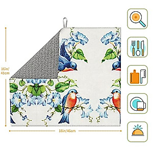 Happy Bluebirds Printed Drying Mat For Kitchen Ultra Absorbent Microfiber Dishes Drainer Mats Non-Slip Silicone Quick Dry Pad - 18 X 16inch