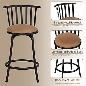 FurnitureR Classic Barstools Set of 2, Country Style Bar Chairs with Back and Footrest Swivel Counter Height Bar Stools for Kitchen Island Pub, Bistro, Restaurant, Rustic Brown and Black (24 Inch)