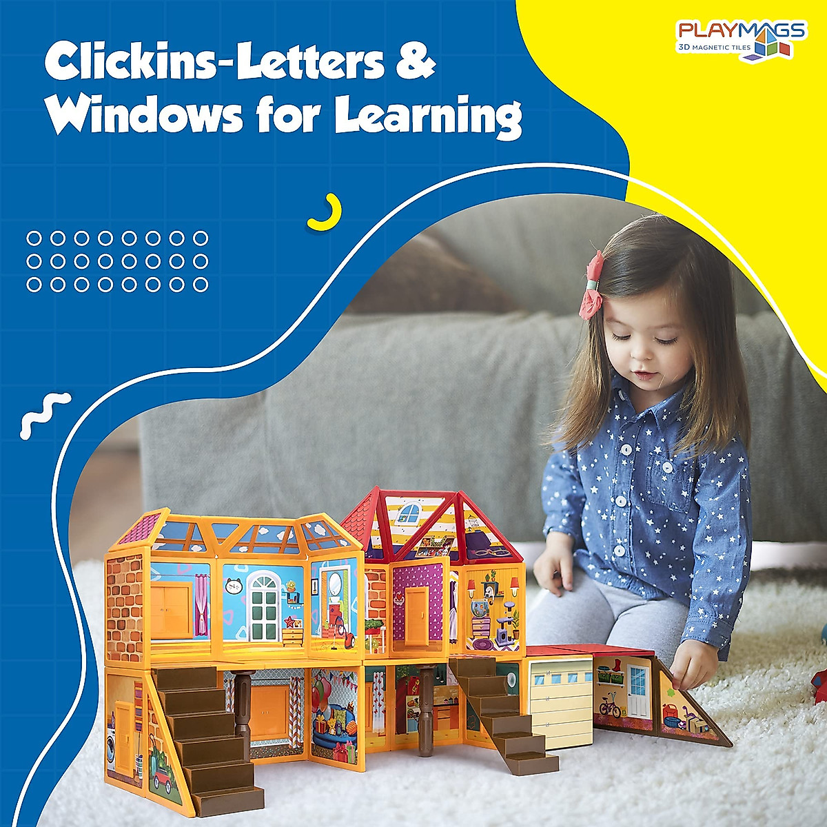 Playmags Magnetic Tiles Building Set, Dollhouse Pretend Play Toy, Creativity and Educational Magnet Blocks Stem Toys, Imaginative Birthday Gift for Kids Ages 3+