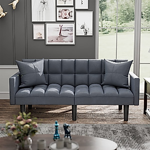 JUMMICO Modern Tuft Futon Sofa Bed Couch Convertible Loveseat Sleeper Reclining Futon Twin Size with Arms and 2 Pillows for Living Room (Blue)