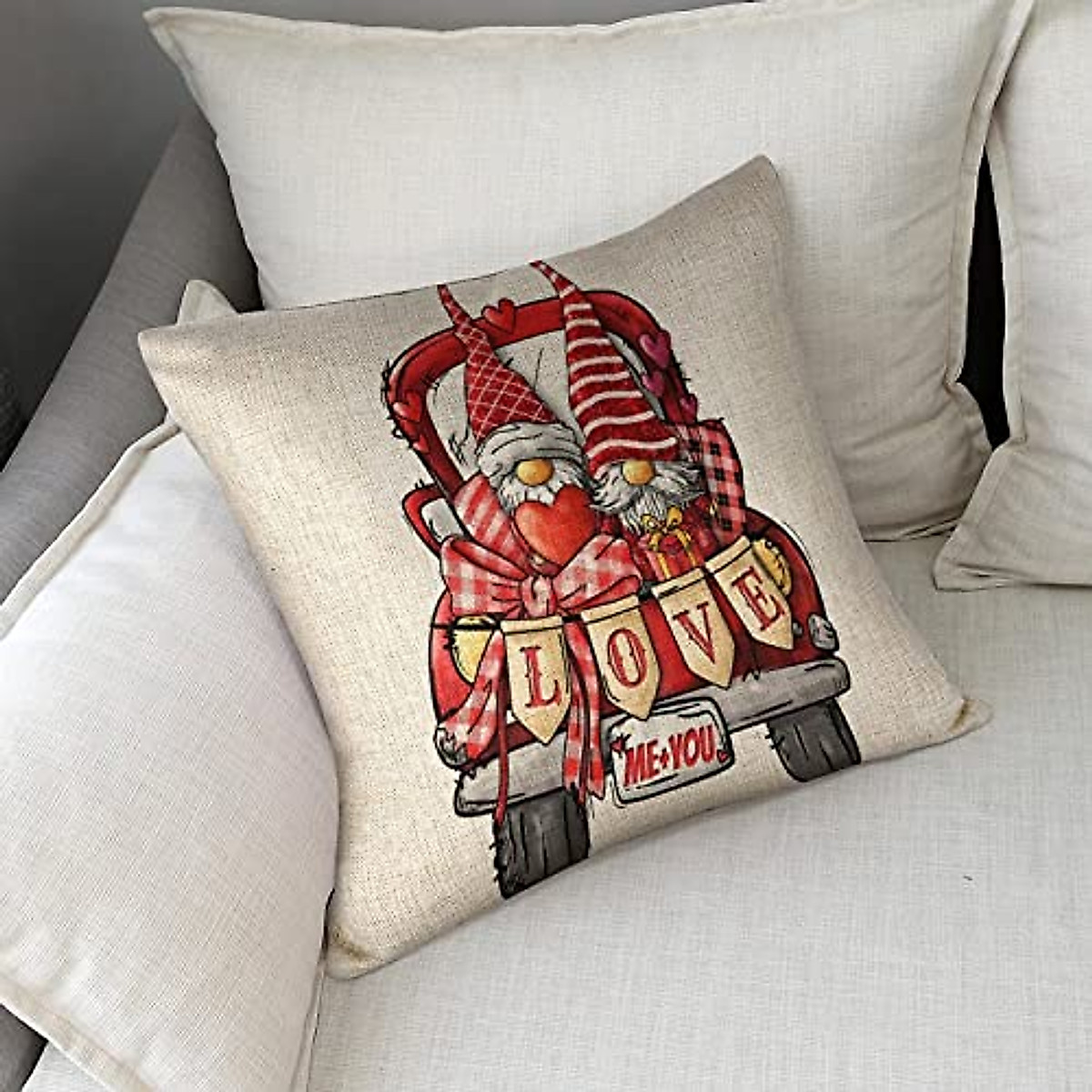 Love Gnomes Truck Throw Pillow Covers 18×18 Pillowcases Set of 2 Valentine's Day Cute Linen Decorative Square Pillow Case Cushion Covers Standard Size for Sofa Couch Outdoor Bed Pillow Protectors