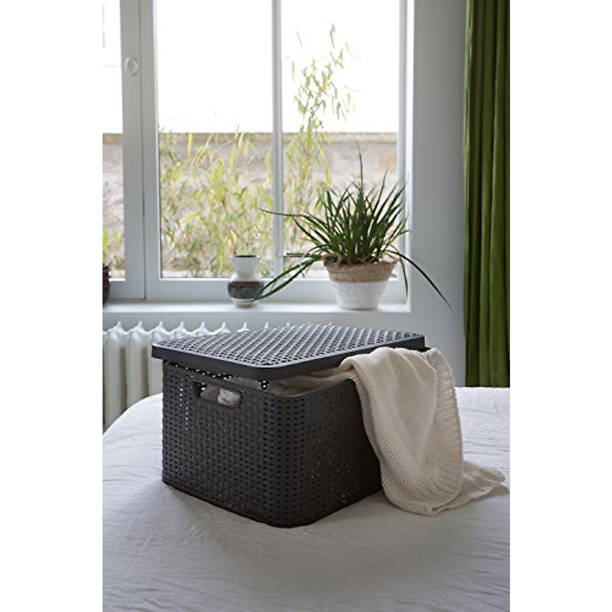 Curver Rattan Style Basket with Lid, Grey, Small