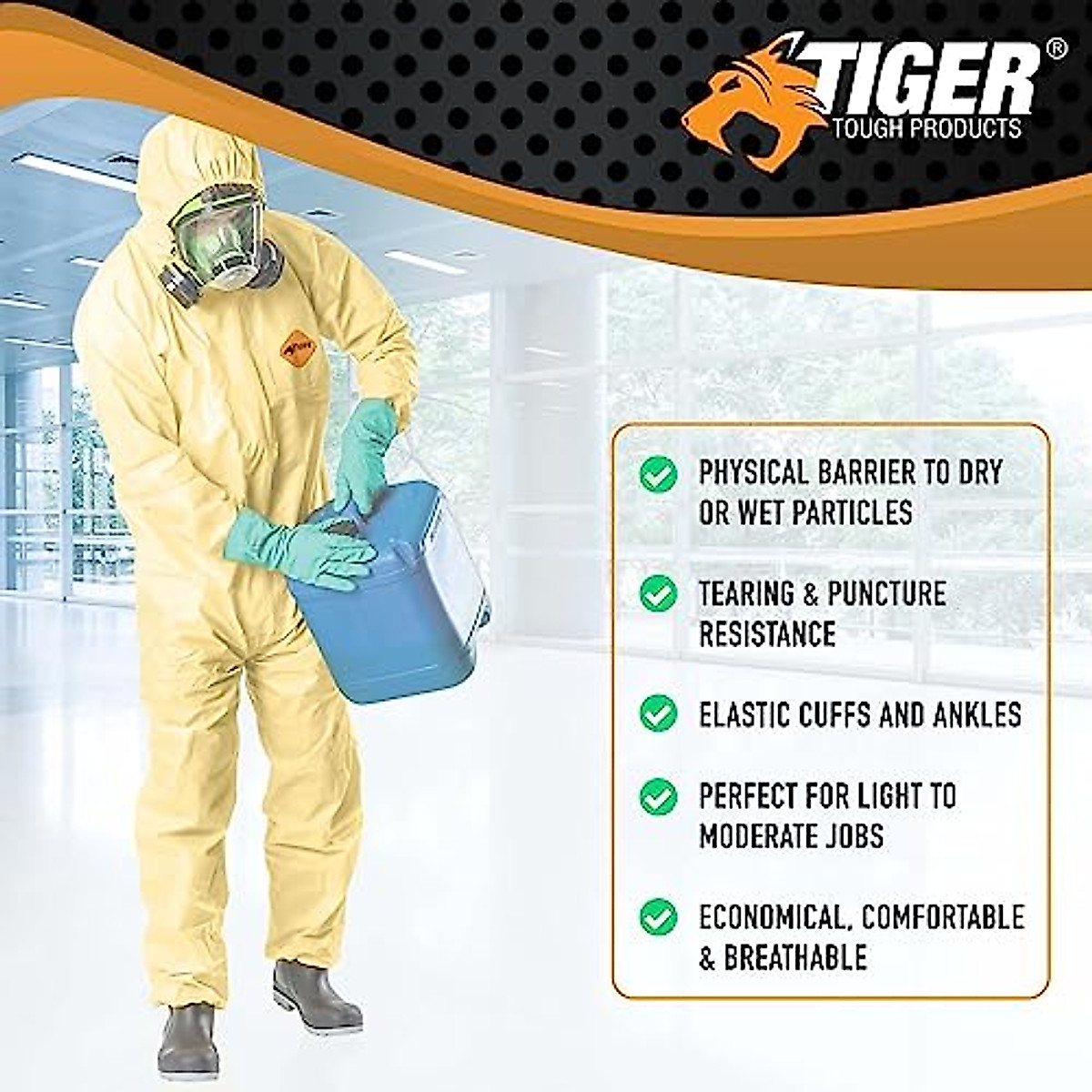 Tiger Tough Chemical Protection Coveralls for Men - Hazmat Suits with Hood & Zipper – Durable Yellow Chemical Suit for Industrial Use, Large